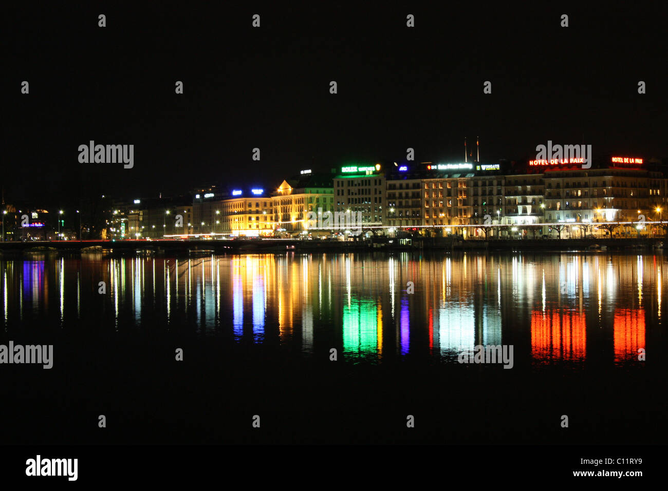 Switzerland Geneva skyline by night Stock Photo - Alamy
