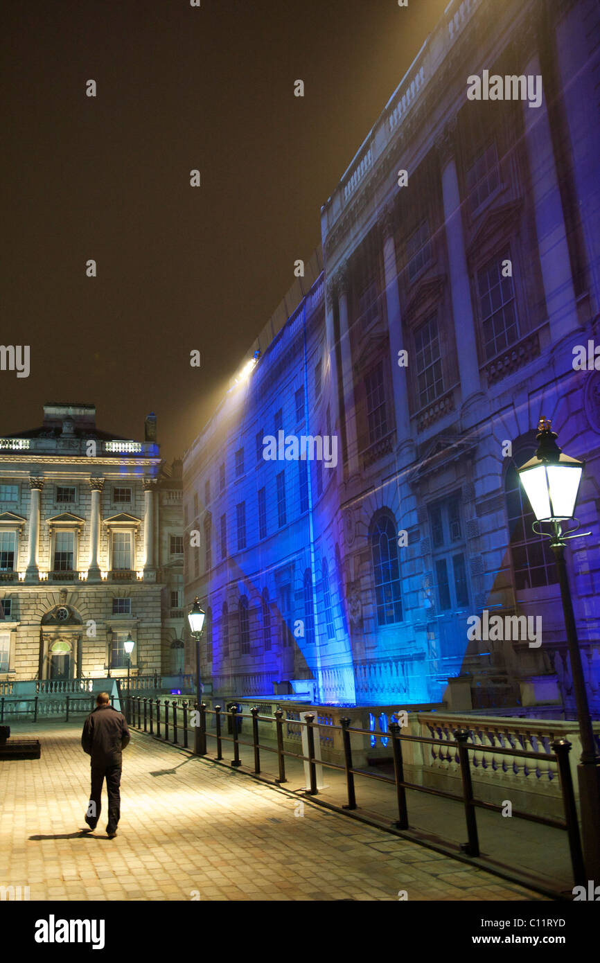 Fog rolls onto Somerset House late night after the first day of London ...