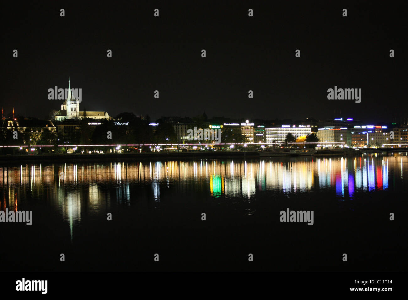 Switzerland Geneva skyline by night Stock Photo - Alamy