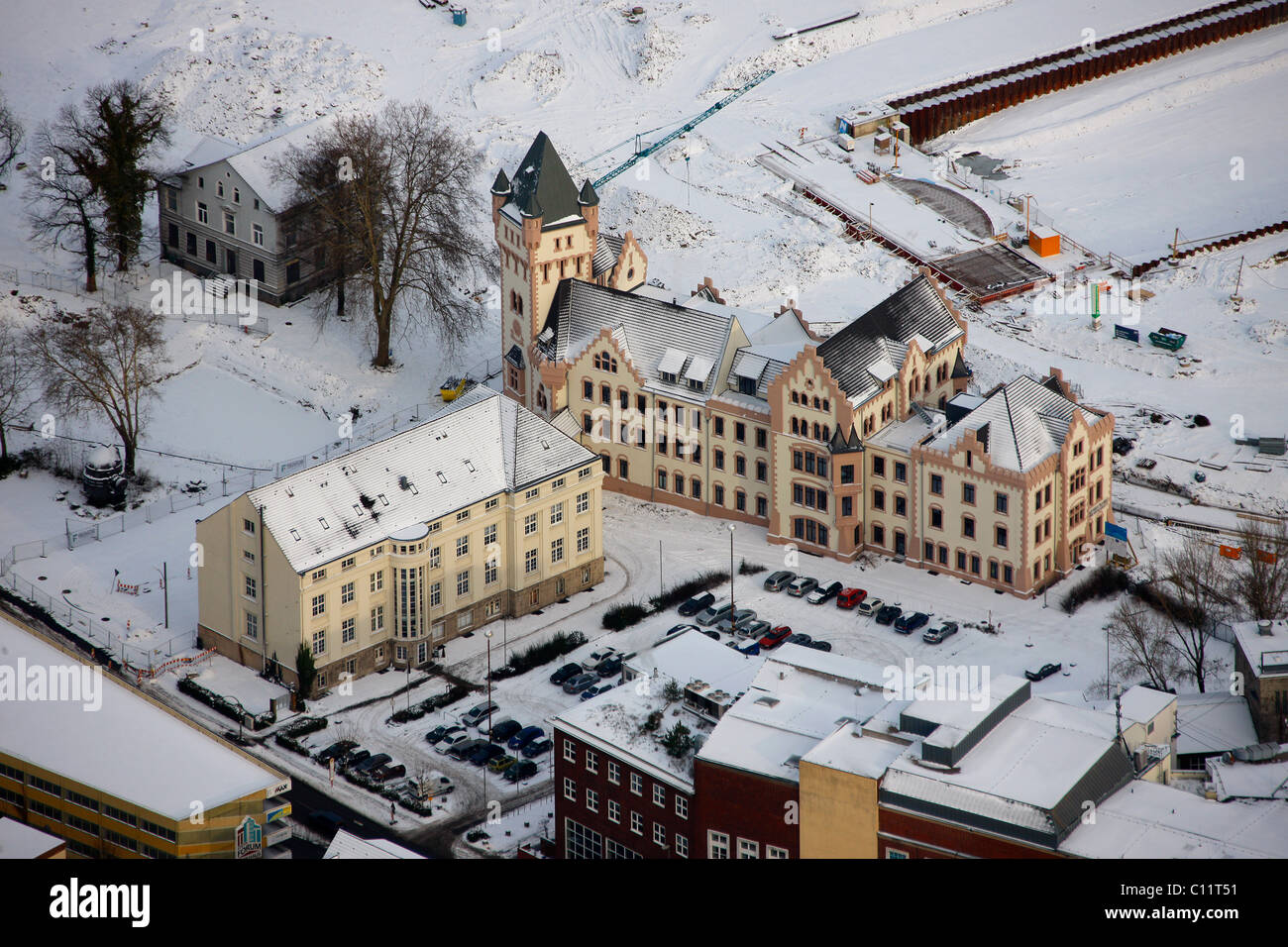 Aerial photo, Hoerde Castle in the snow, Hoerde, Dortmund, Ruhr area ...
