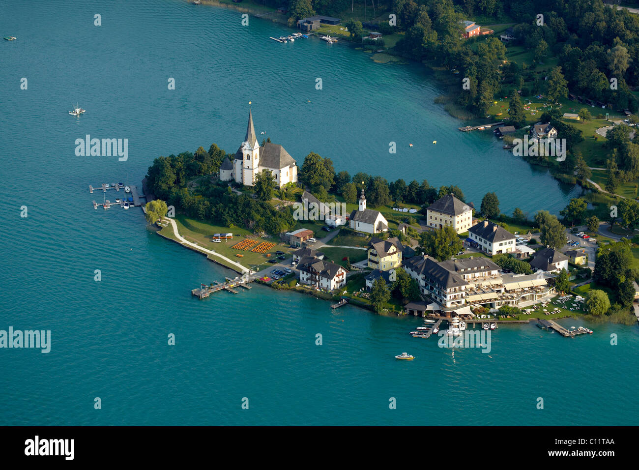Aerial photo, Maria Woerth, Woerthersee Lake, Carinthia, Austria ...
