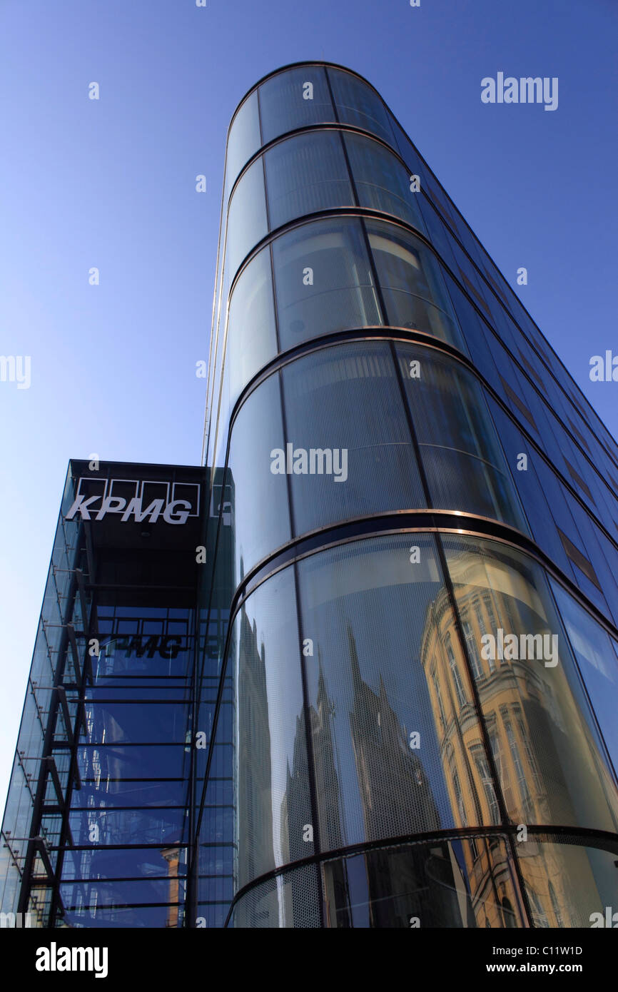 Glass facade of the KPMG building on Muenzgasse street, Leipzig, Saxony ...