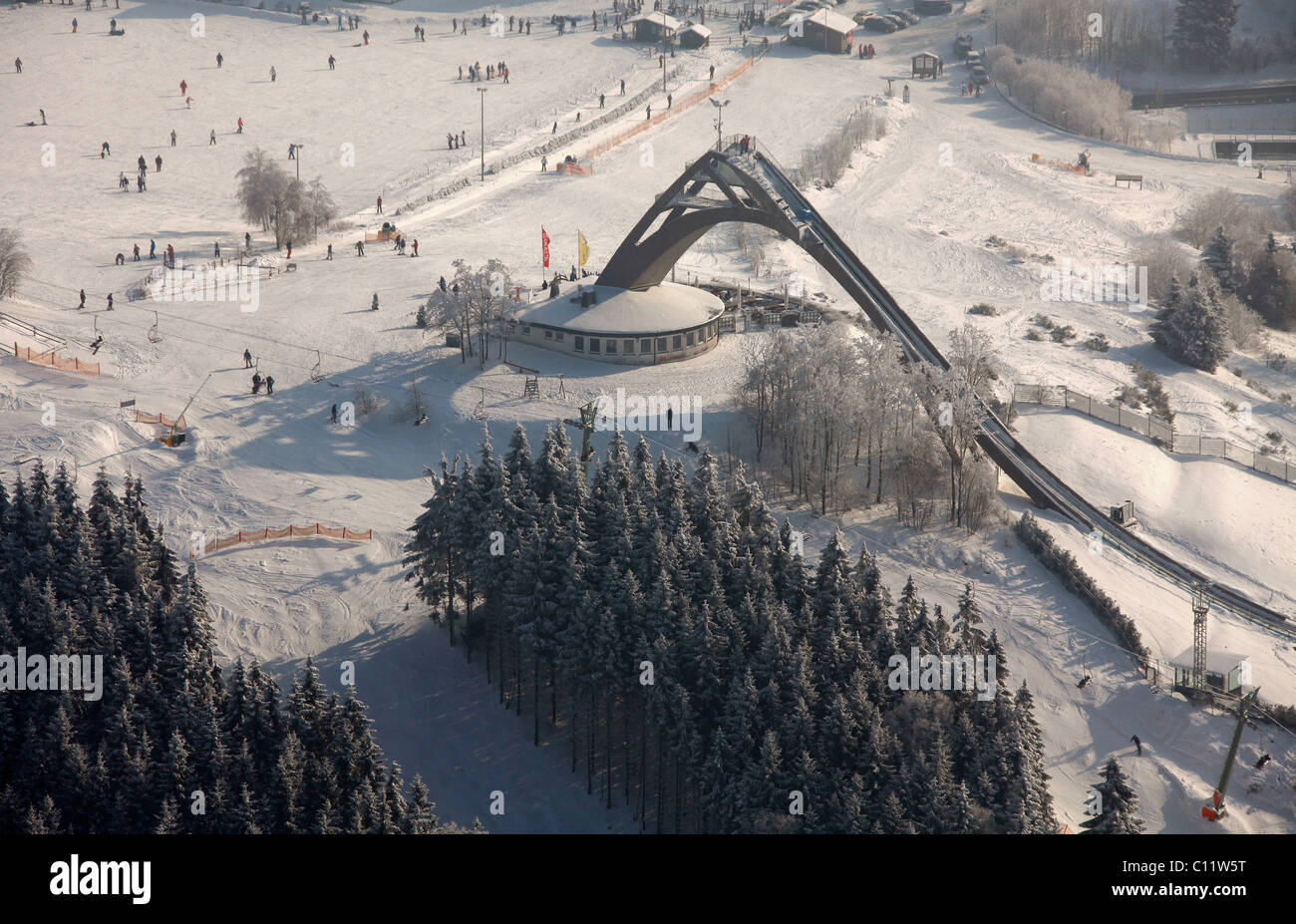 Aerial view, ski jump, snow, winter, Winterberg, North Rhine-Westphalia ...