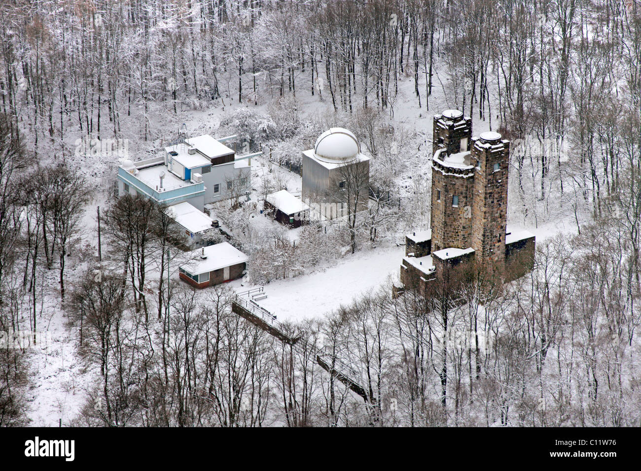 Aerial view, snow, Kipper, Sternwarte Hagen observatory, Hagen, North ...