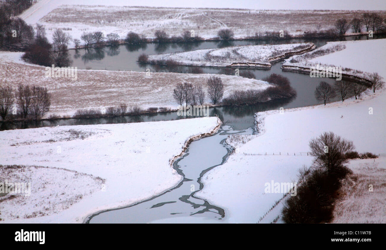 Aerial view, Lippe river, Lippe sinuosity, renaturation, snow, Werries ...
