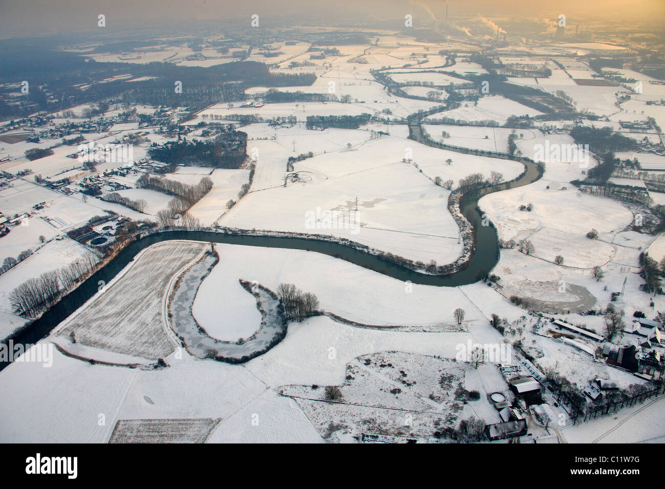 Aerial view, Lippe river, river sinuosity, Alstedder, Luenen ...