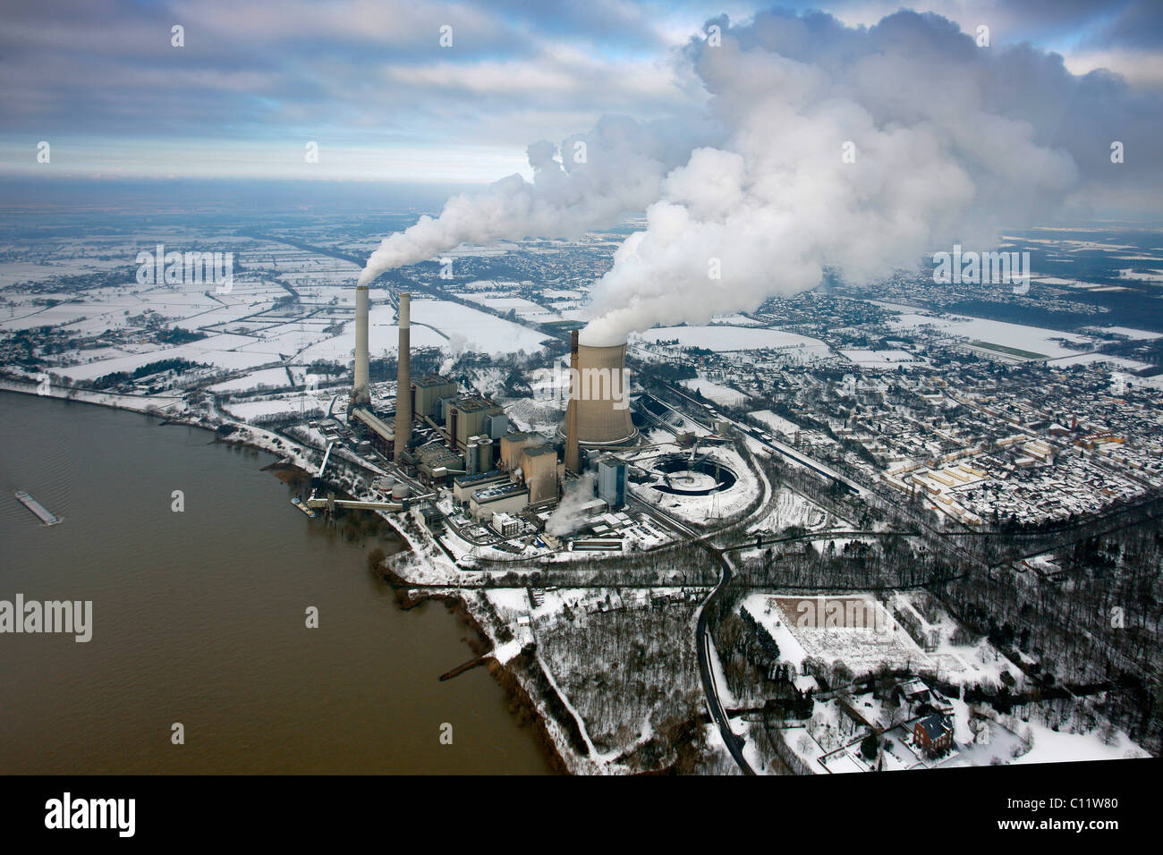 Aerial view, coal power plant, STEAG, EVONIK, clouds of the power plant ...