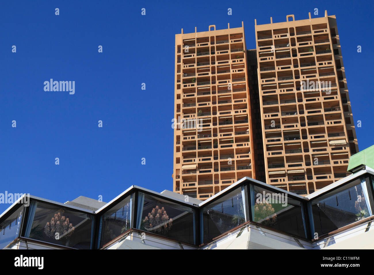Grimaldi Forum, Columbia Palace high-rise building at back, Larvotto ...