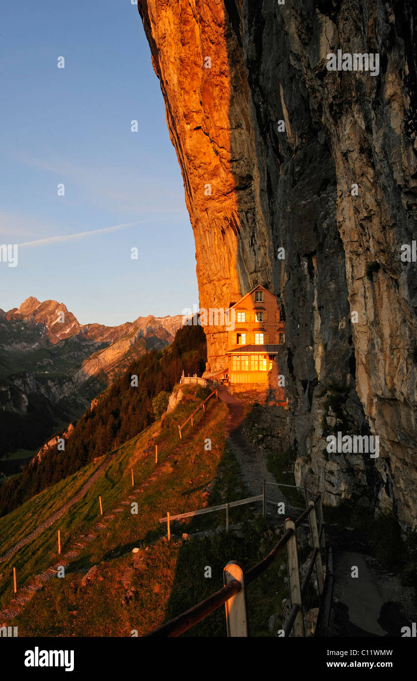 Aesher inn at Wildkirchli below Ebenalp, Alpstein range, canton of ...