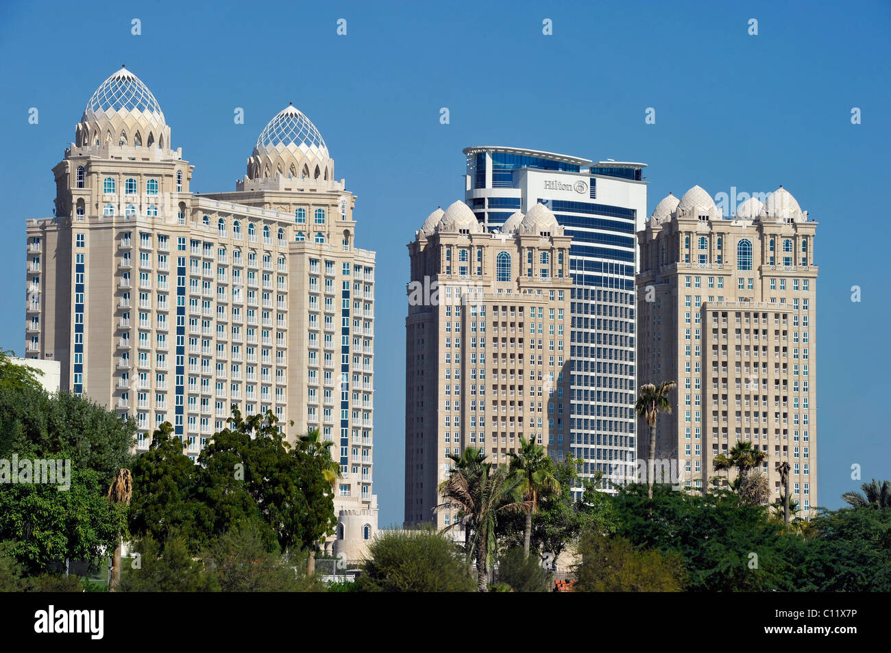 Falcon and Pearl Towers, Doha Hilton Hotel, Doha, Emirate of Qatar ...