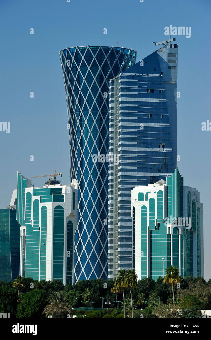 Skyline of Doha with Peace Towers, Tornado Tower, Emirate of Qatar ...