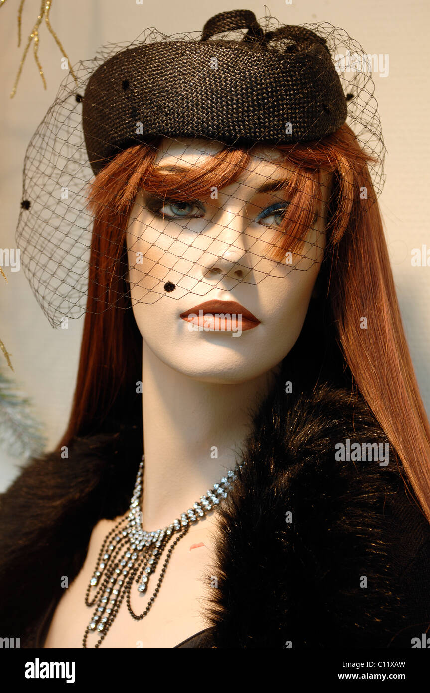 Female window dummy with a hat and veil, in a fashion shop, Erlangen ...