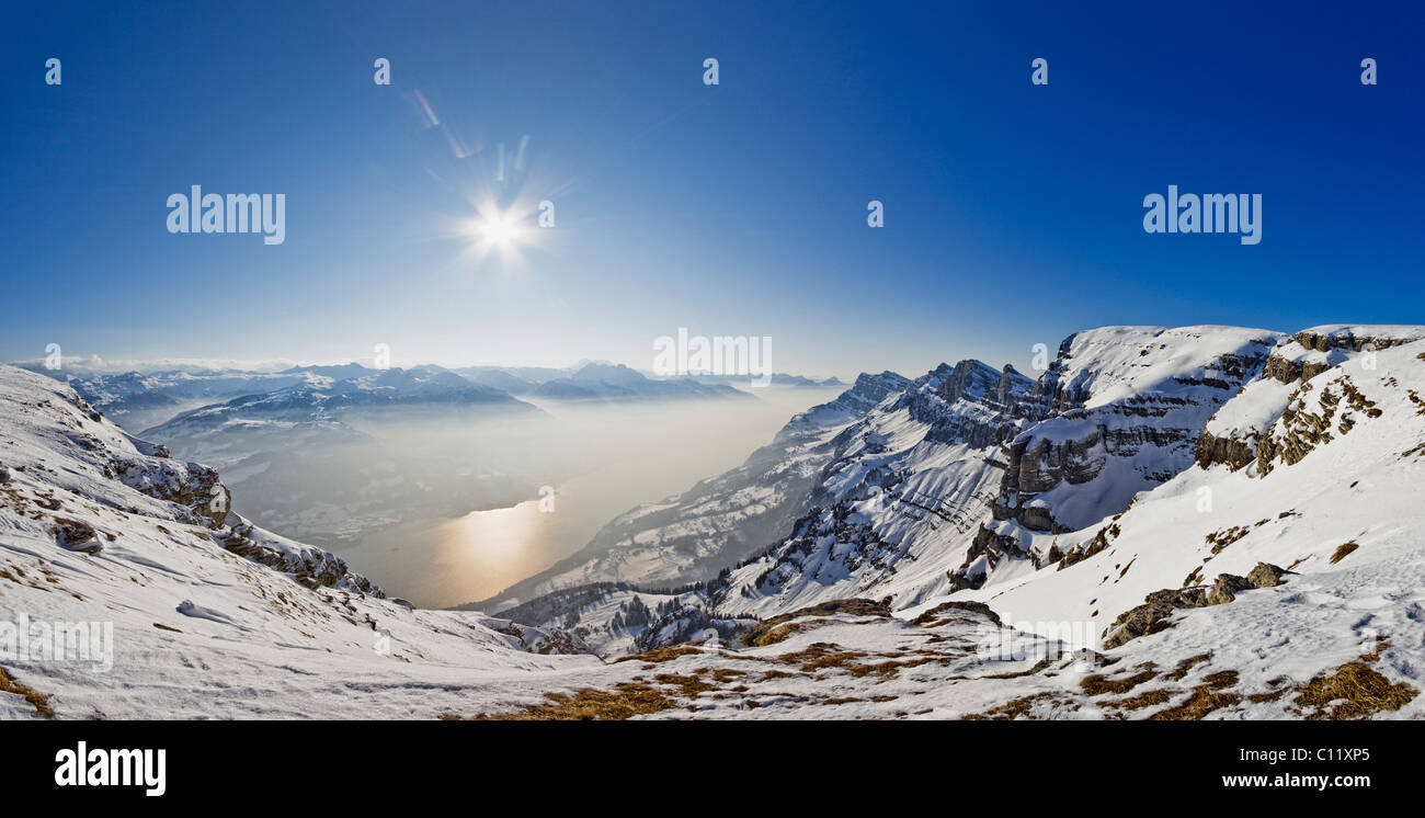 View from Mt Chaeserrugg of Lake Walensee, Churfirsten Range, Canton of ...