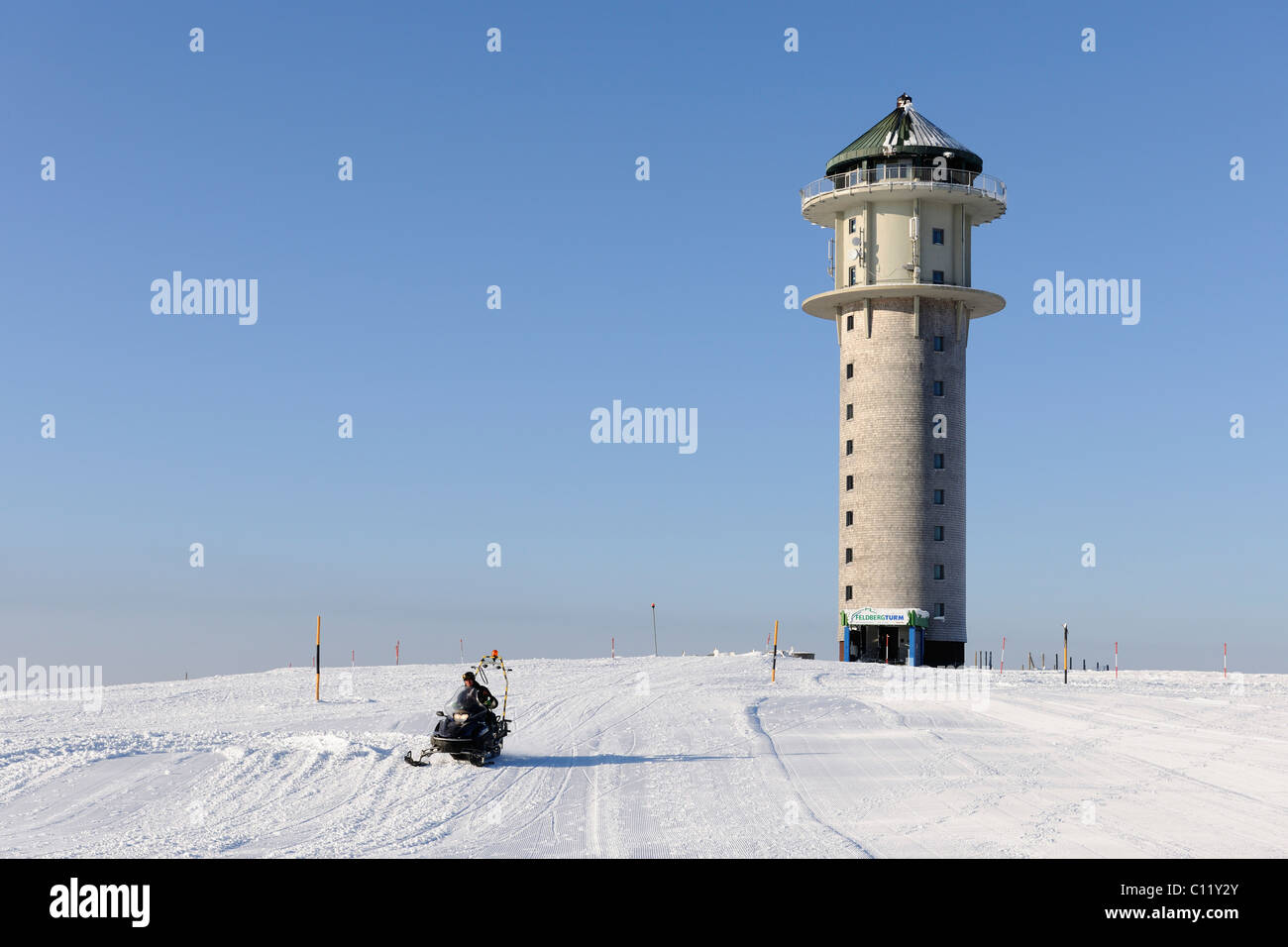 Feldbergturm Tower and snowmobile on Mt Feldberg, southern Black Forest ...