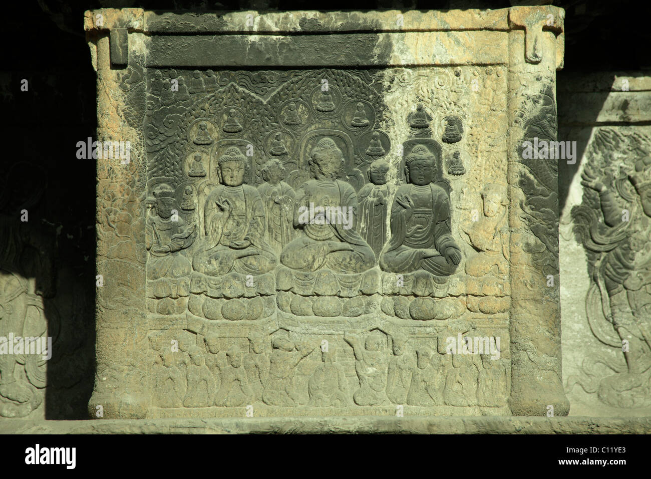 Historical depictions of Buddha on a former temple in the Tagpol Park ...