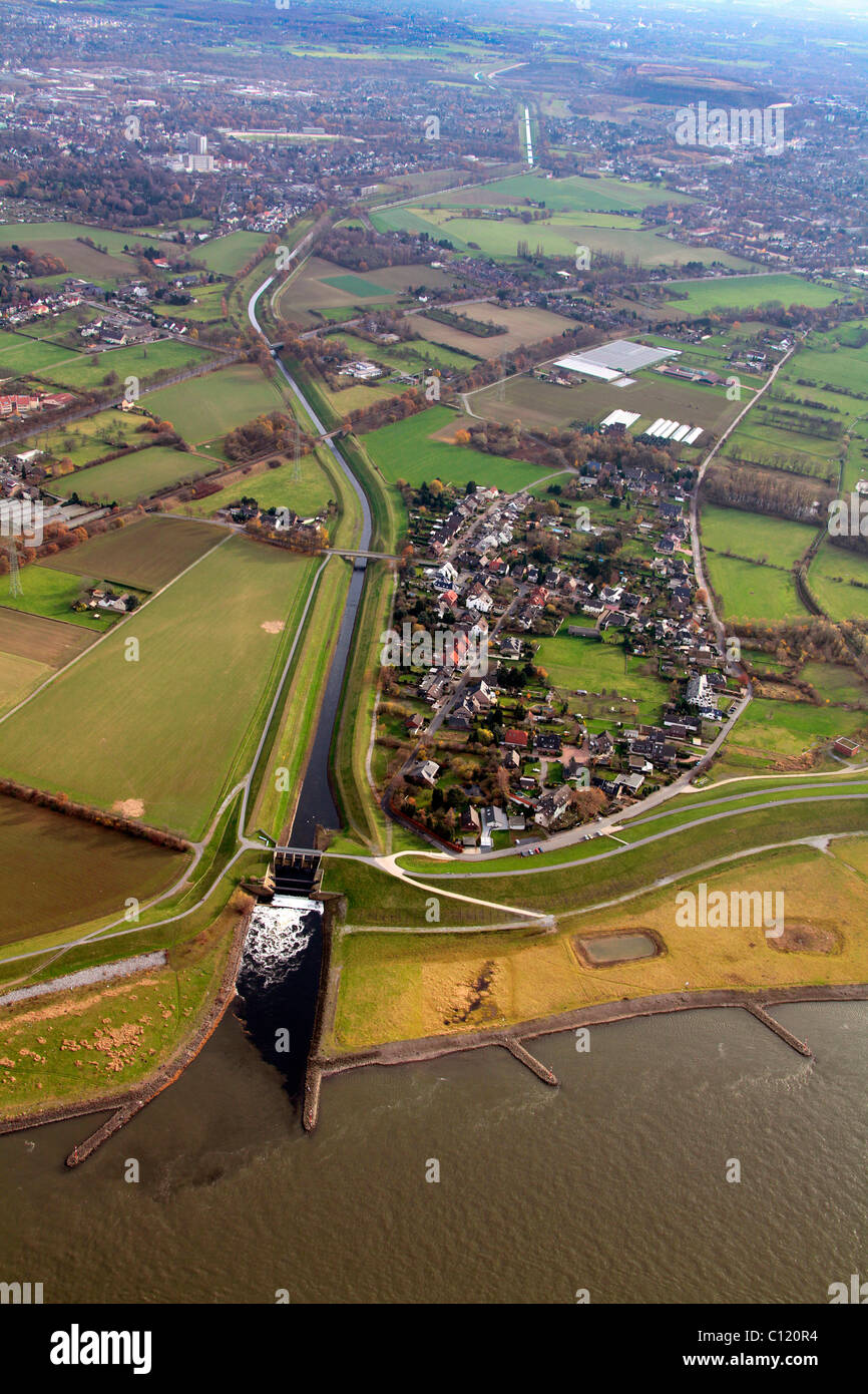 Aerial view, estuary of the Emscher river into the Rhine river ...