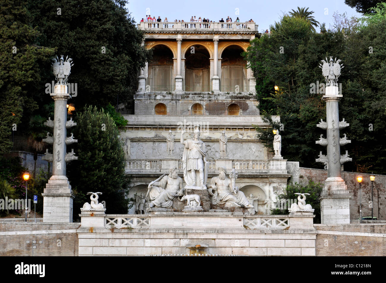 Pincio Terrace, group of statues, goddess Roma between Tiber and Aniene ...