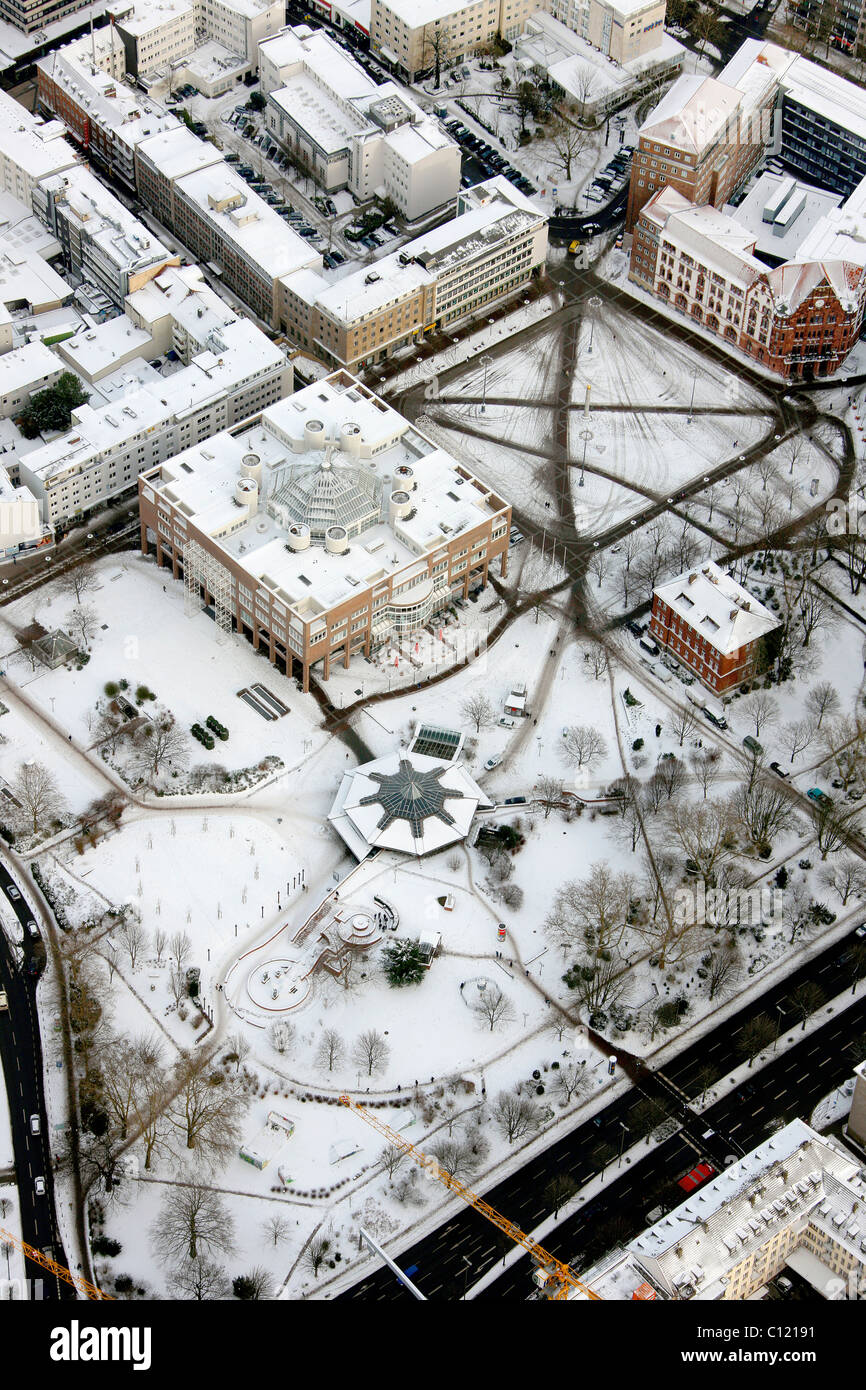 Aerial view, Friedensplatz square in the snow, city hall, Dortmund ...