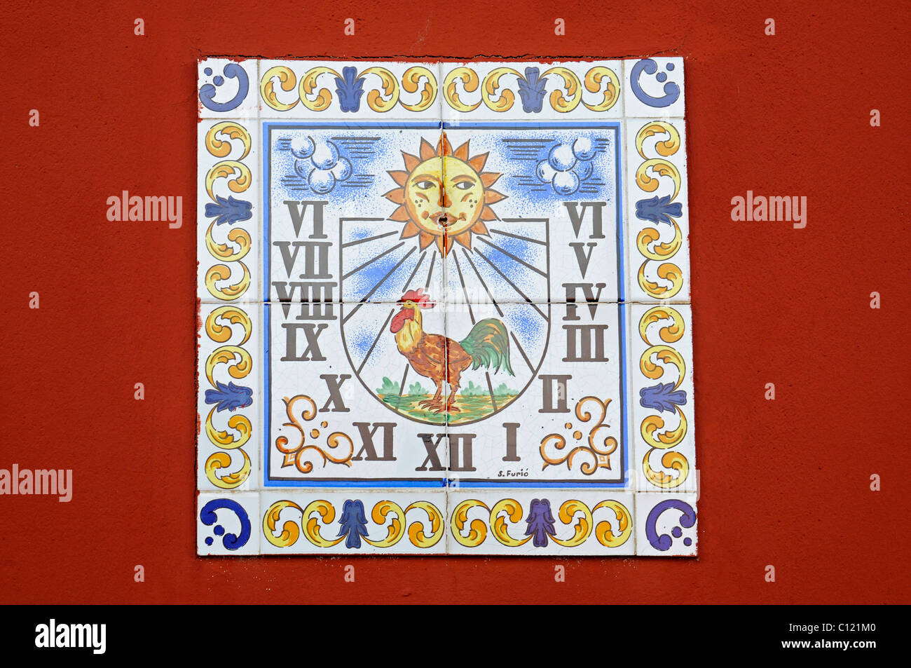 Sundial, rooster, Spanish tiles, azulejos, wall, Costa Blanca, Alicante ...