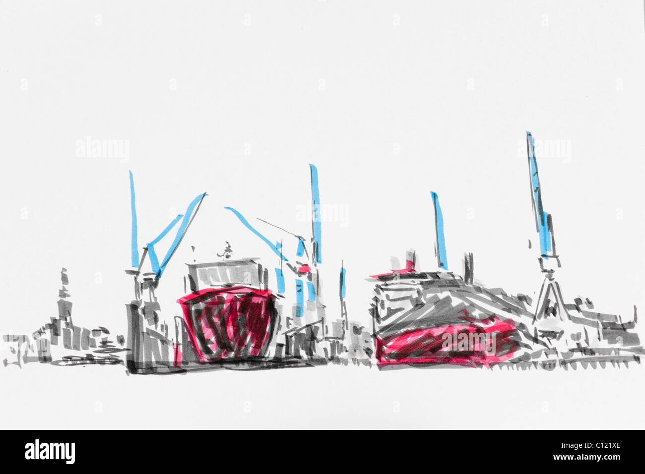 Shipyard in Hamburg Harbor, Hamburg, North Germany, drawing by artist ...