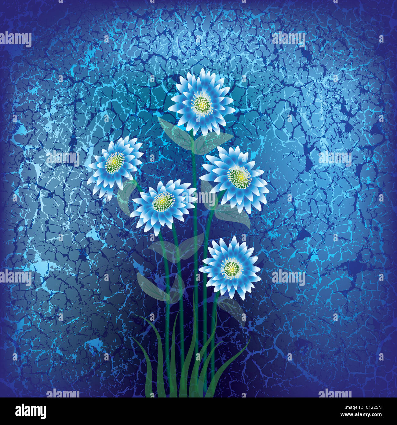 abstract floral illustration with blue flowers on cracked background ...