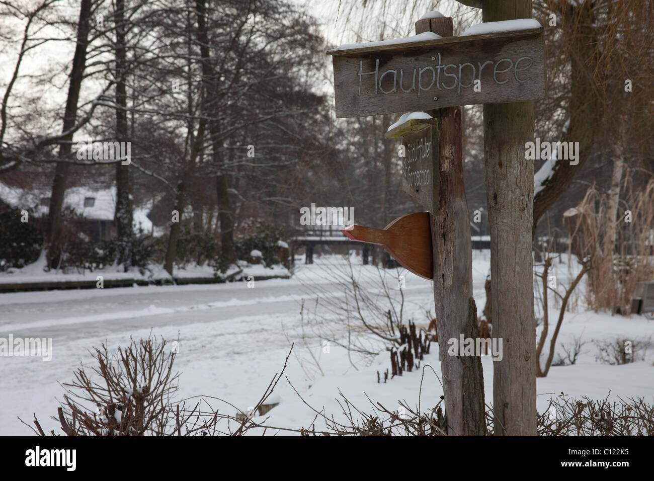 Spreewald forest in winter with frozen canals, Spree River, Brandenburg ...