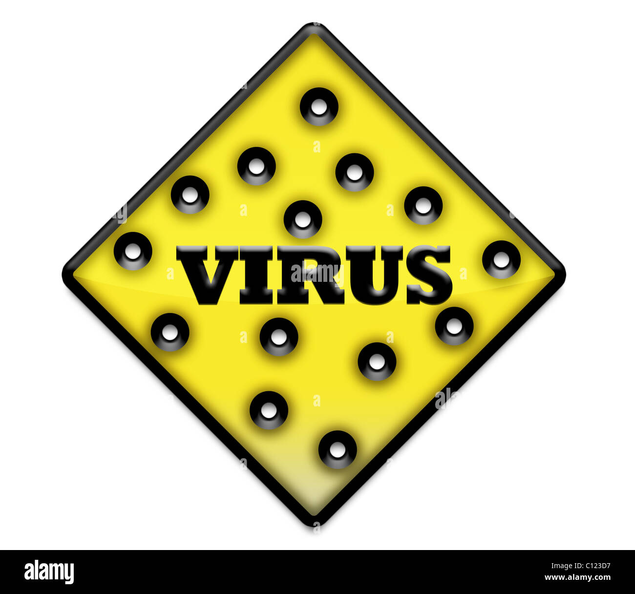 Yellow virus sign with holes - security breach Stock Photo - Alamy