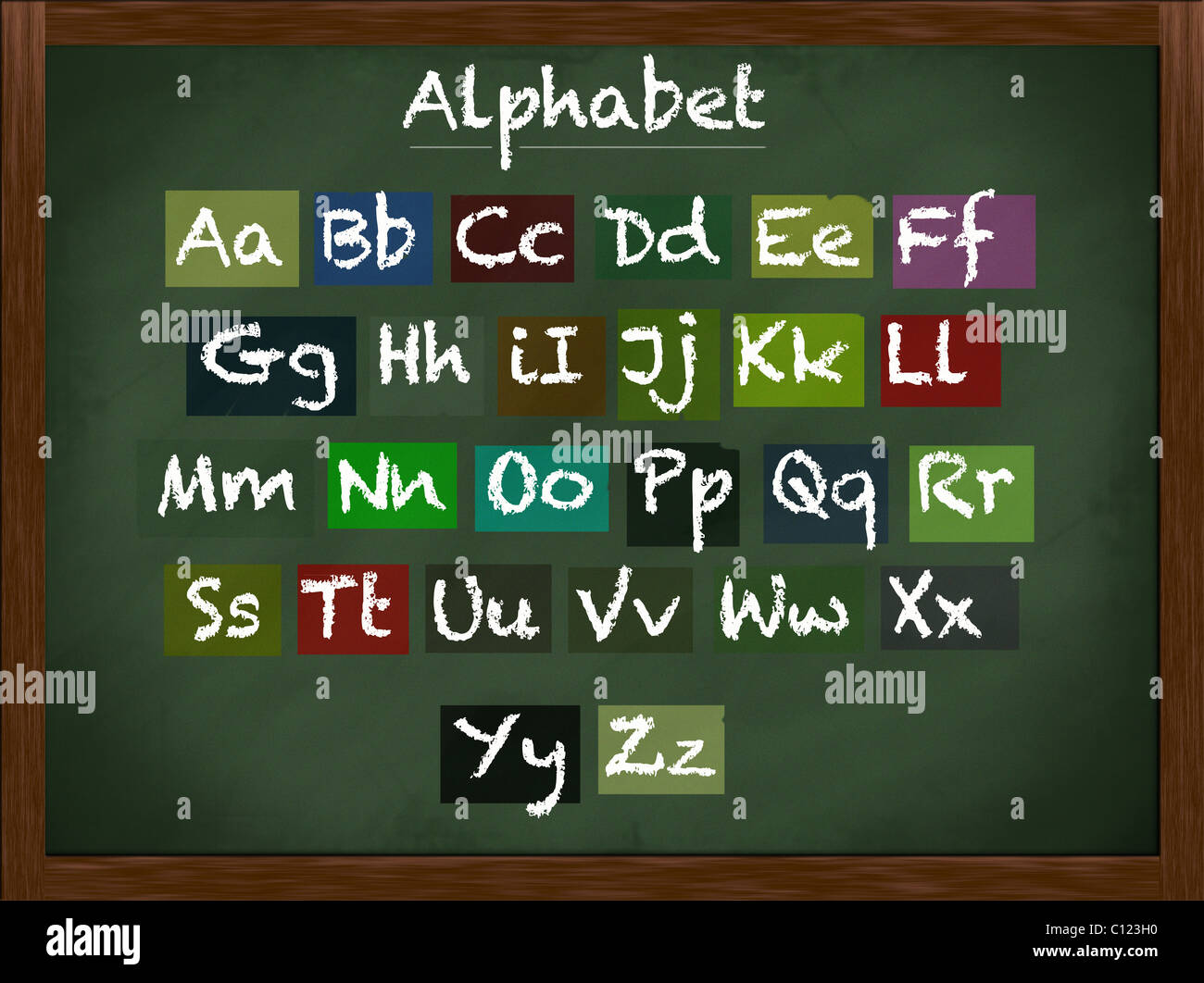 Colorful alphabet letters on a green framed blackboard Stock Photo - Alamy
