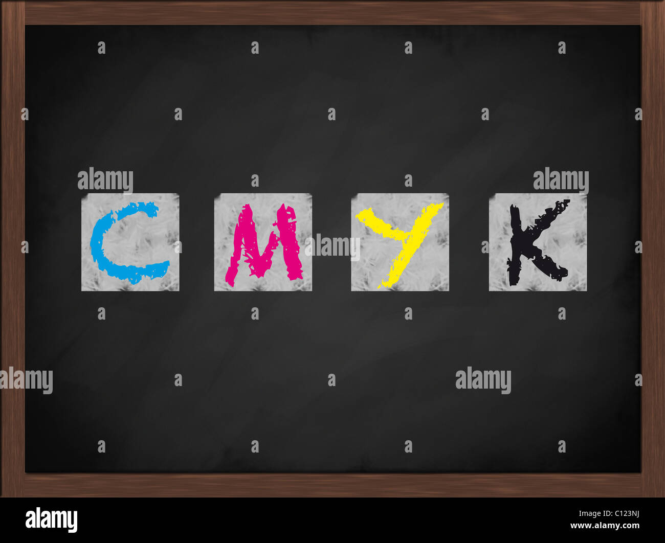 CMYK chalk letters in cyan, magenta yellow and black on a framed ...