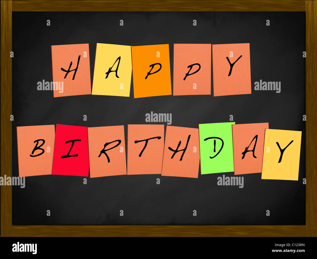 Happy birthday text made up with colorful post-it notes on a framed ...