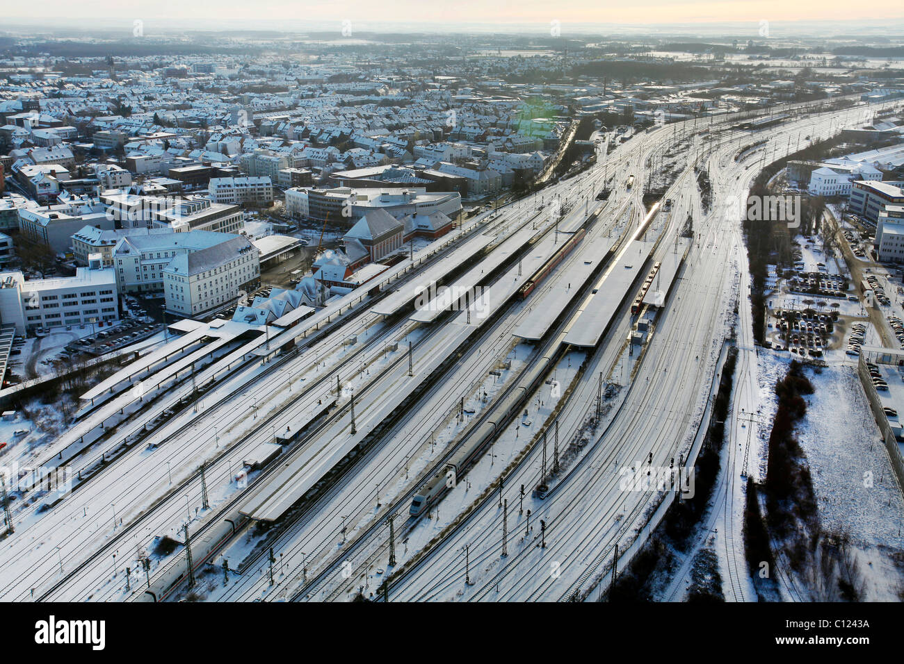 Aerial picture, snow-covered tracks, winter, Hamm Central Station, Ruhr ...