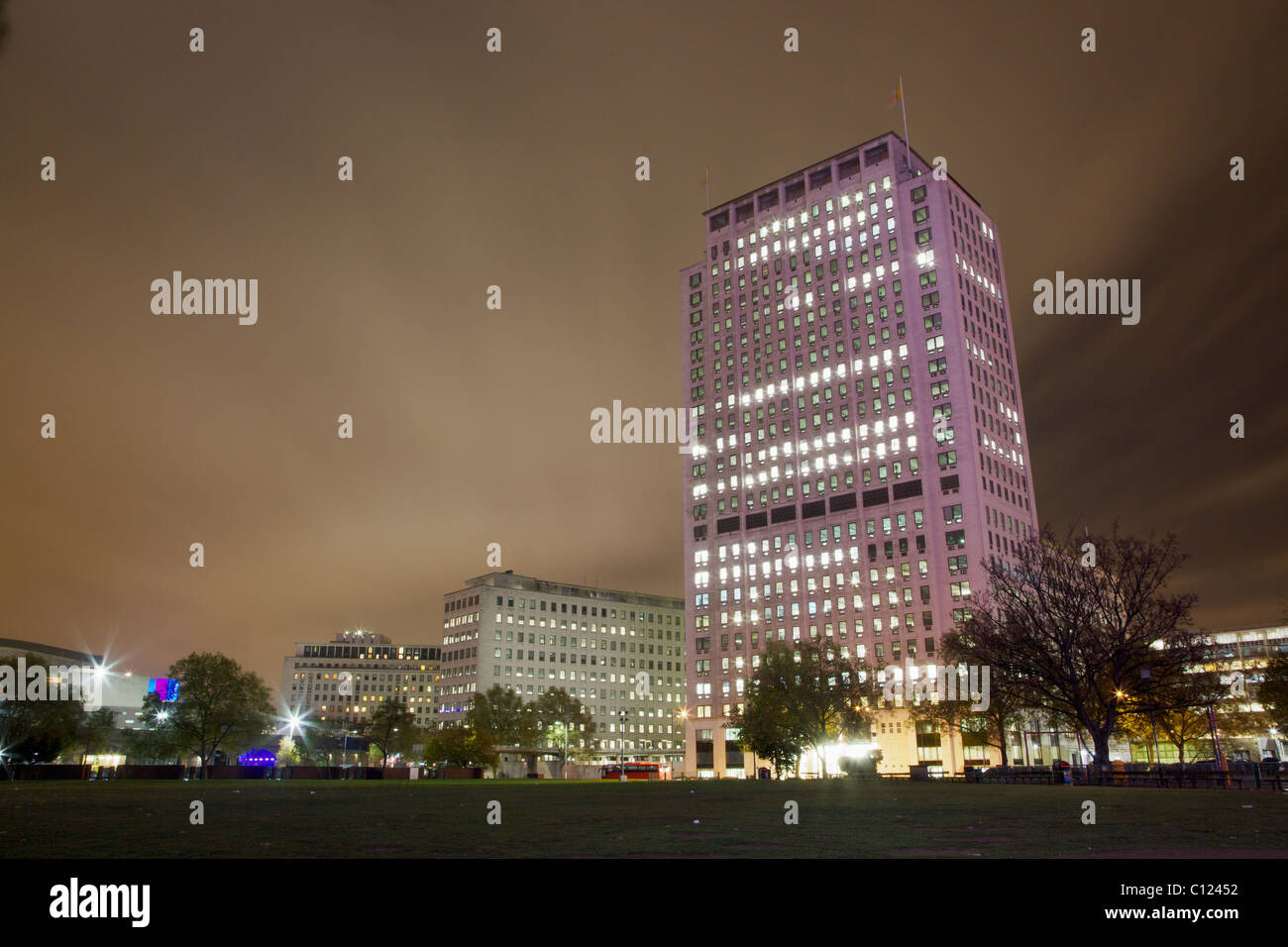 A dramatic night view of the Shell Building on the South Bank of the ...