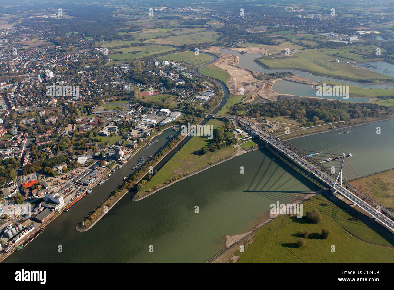 Aerial view, Buederich, Wesel, estuary of the Lippe and the Wesel ...