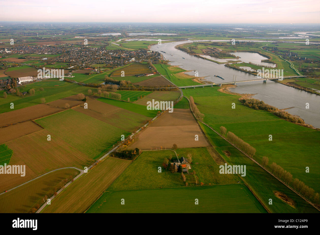 Aerial view, flood plain, Rees, Niederrhein region, North Rhine ...