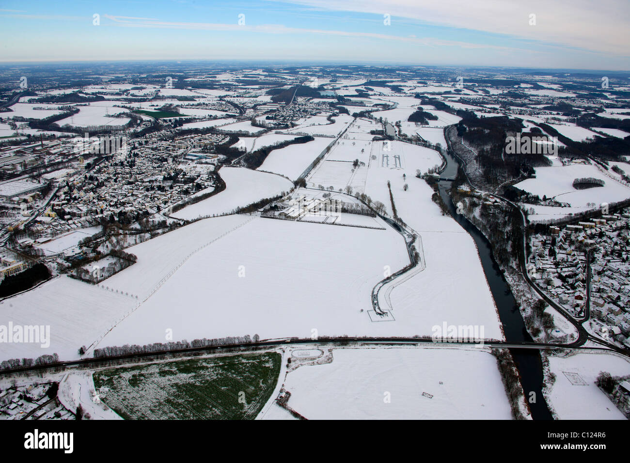 Aerial view, Ruhr river valley in the snow, flood plain, Schwerte ...