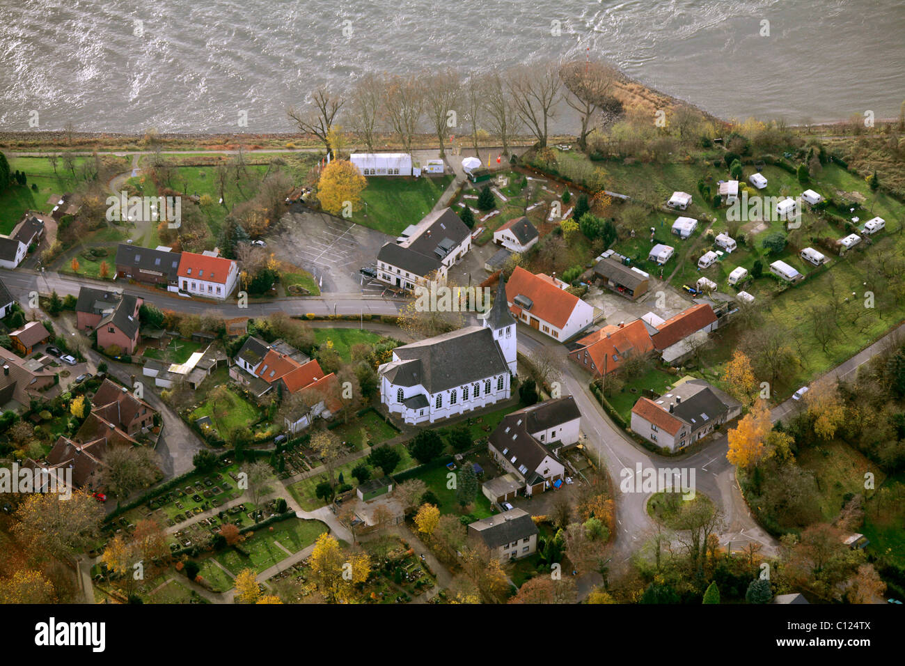 Aerial view, church, chapel, Loehnen, Voerde, North Rhine-Westphalia ...
