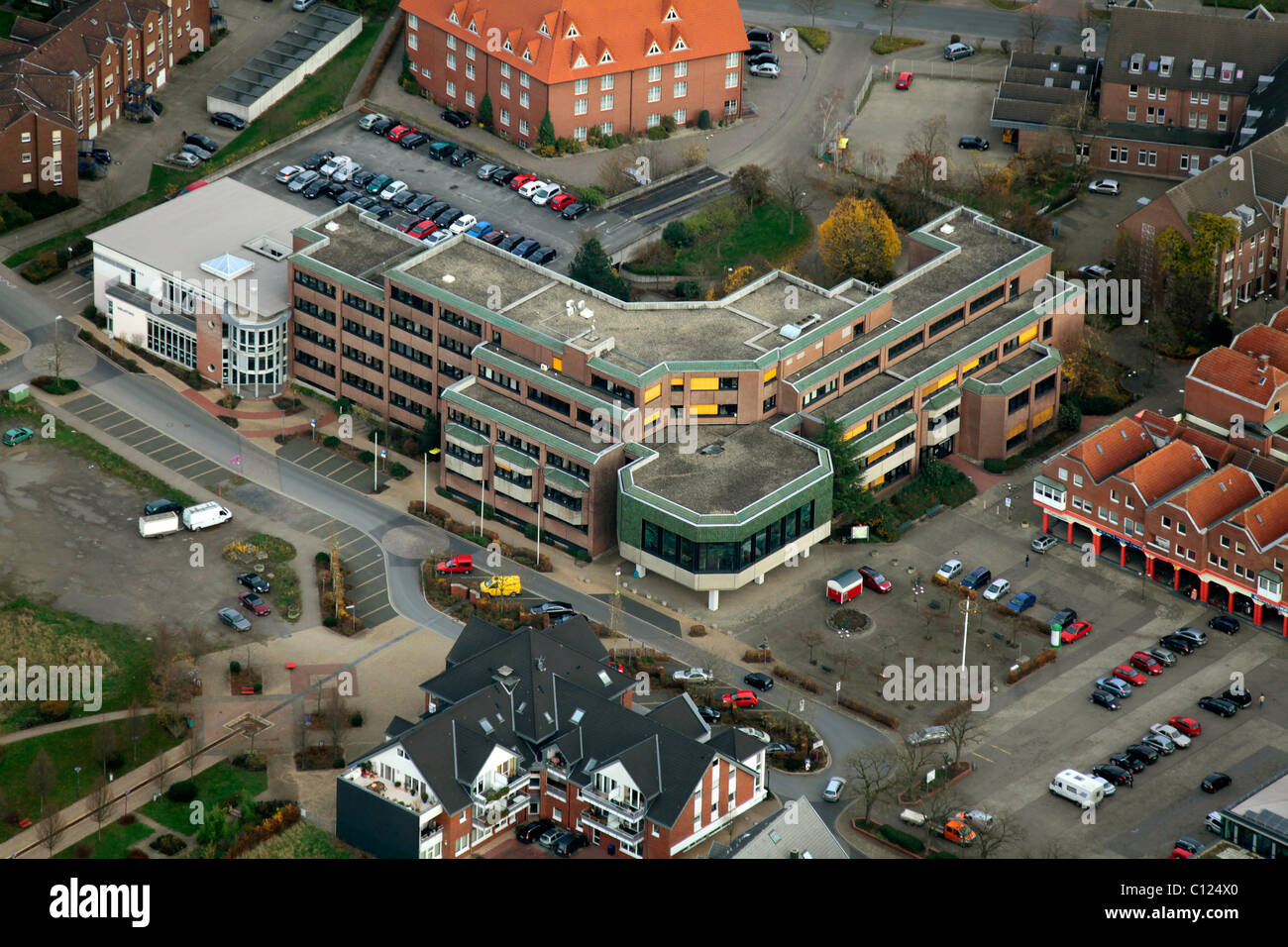 Aerial view, administration, city hall, Voerde, North Rhine-Westphalia ...