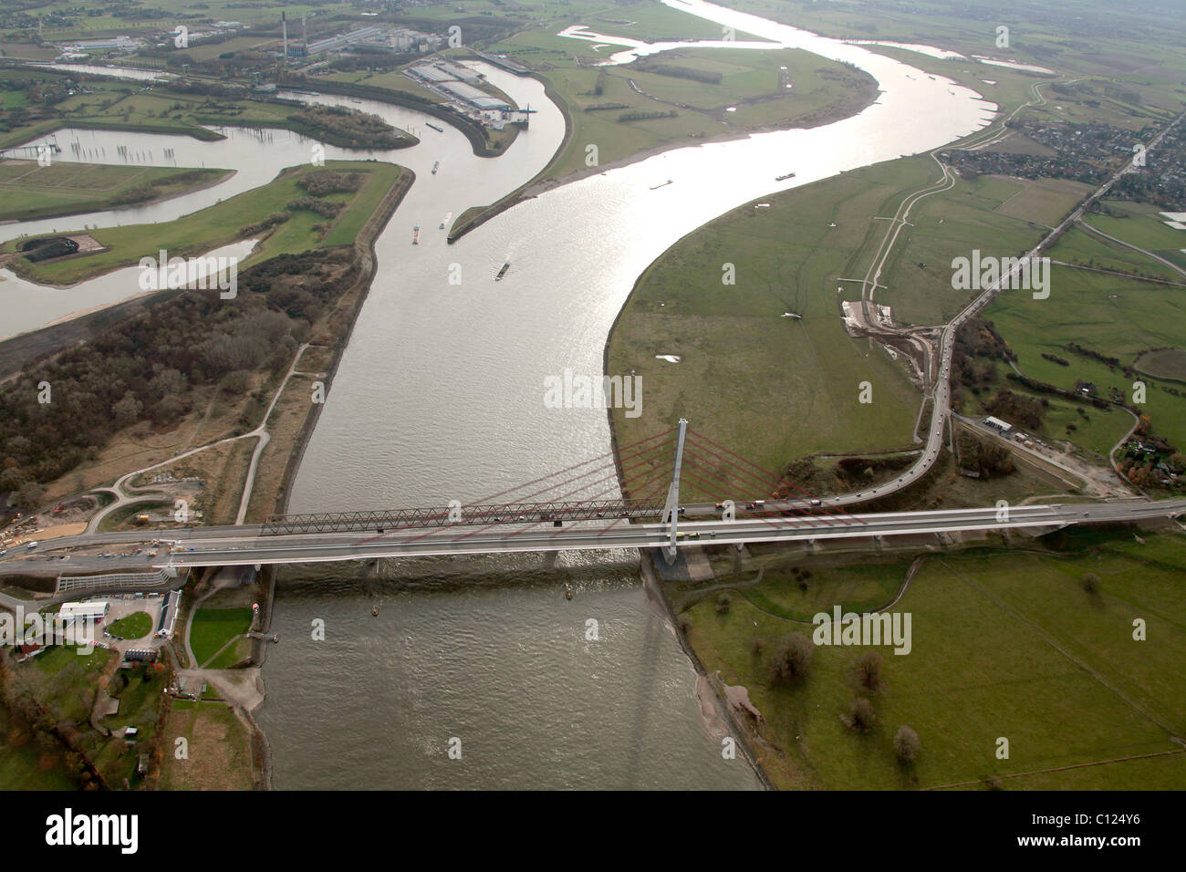 Aerial view, Rhine river harbour, river Lippe estuary, bridge, Weseler ...