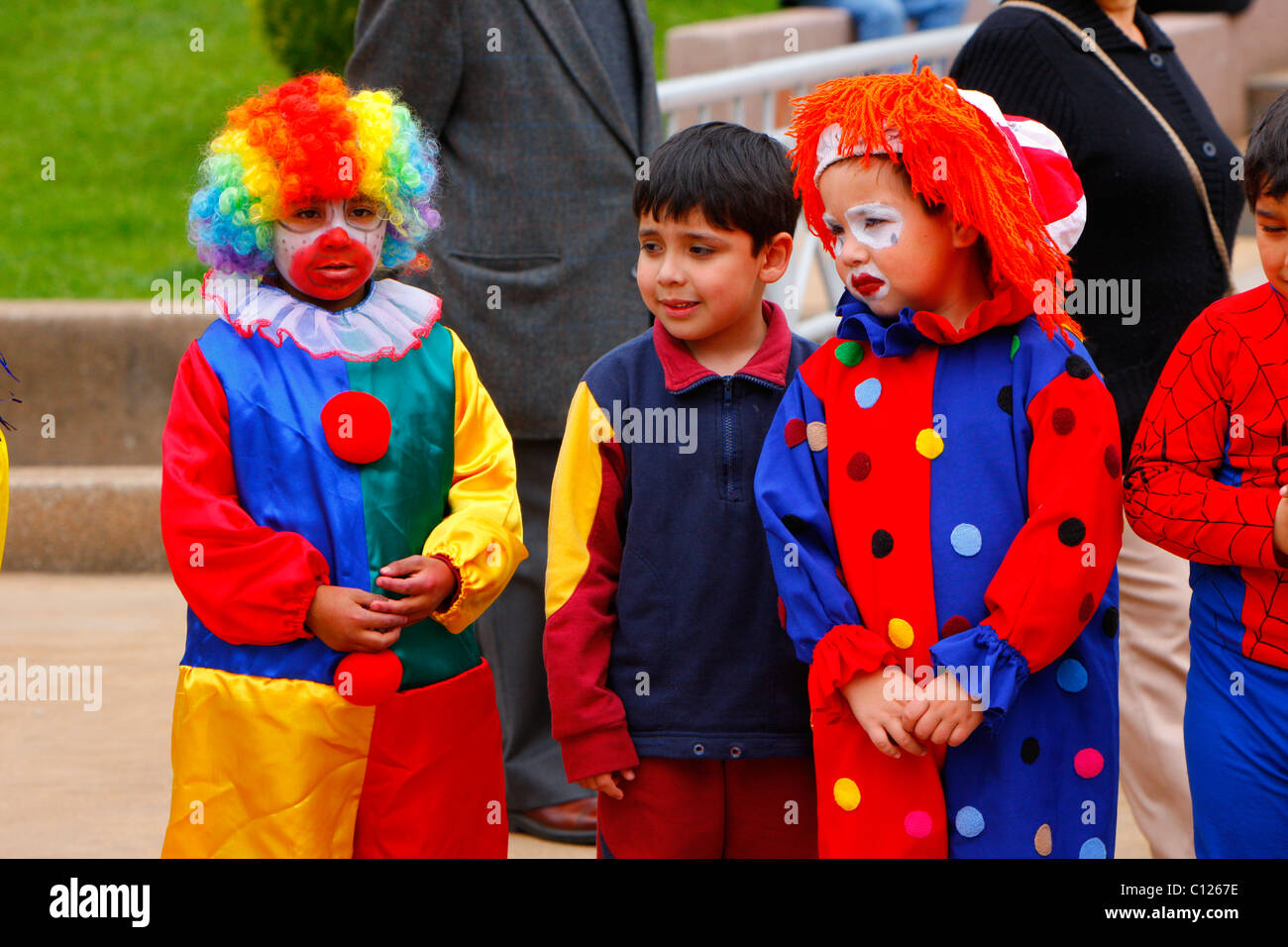 Children dressed up as clowns, Mapuche Indians, Temuco, southern Chile ...