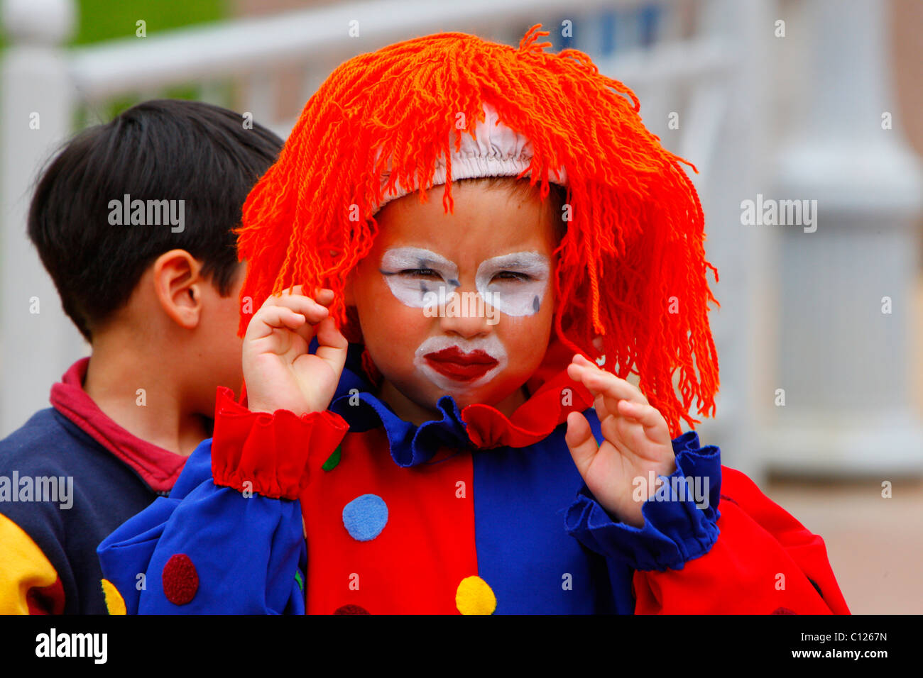 Boy dressed up as a clown, Mapuche Indians, Temuco, southern Chile ...
