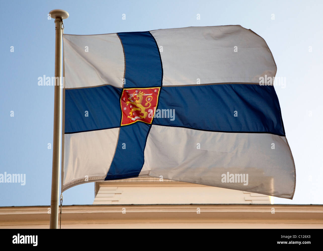 Flag on Finnish Embassy, Belgravia, London Stock Photo - Alamy
