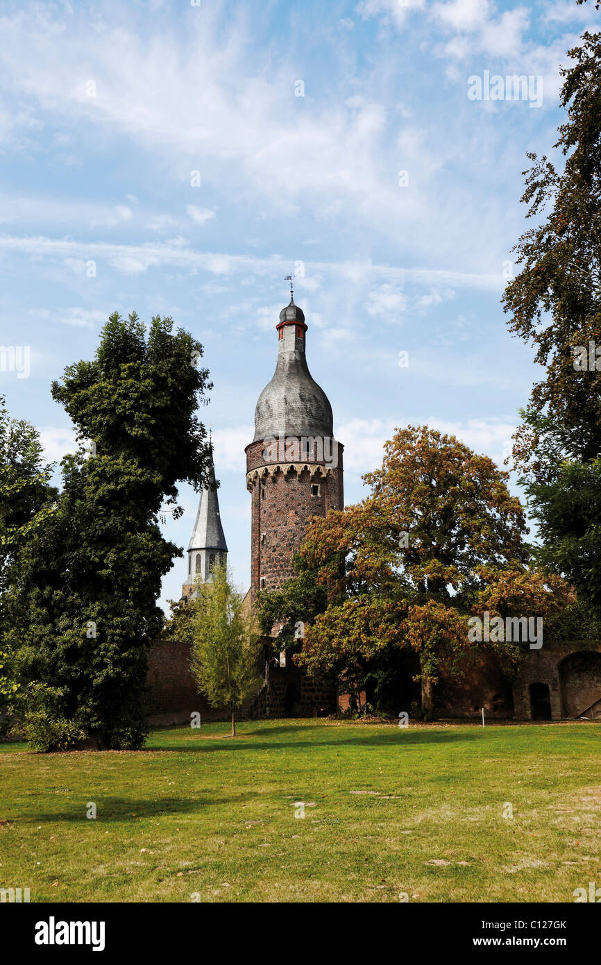 The Juddeturm tower and park in the courtyard, Zons, formerly Feste ...