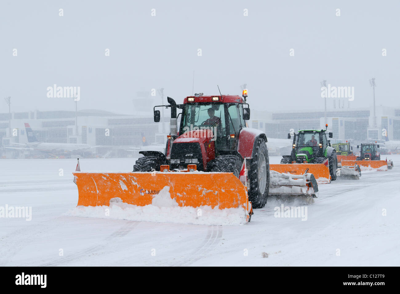 Snow, winter, snow removal with tractors, aircraft, taxiway, Terminal 2 ...