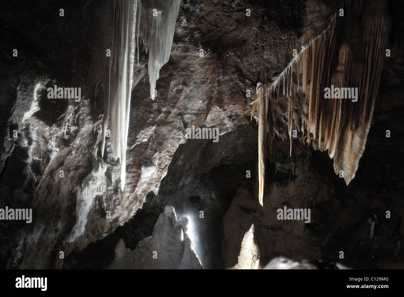 Stalactites hanging from roof of cavern in Jenolan caves complex ...