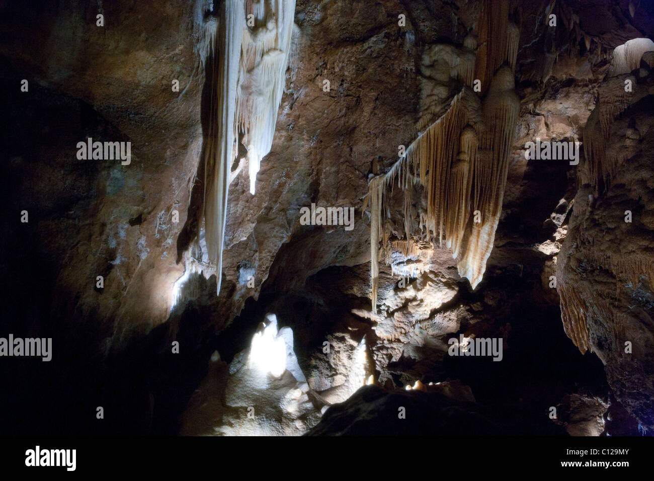 Stalactites hanging from roof of cavern in Jenolan caves complex ...