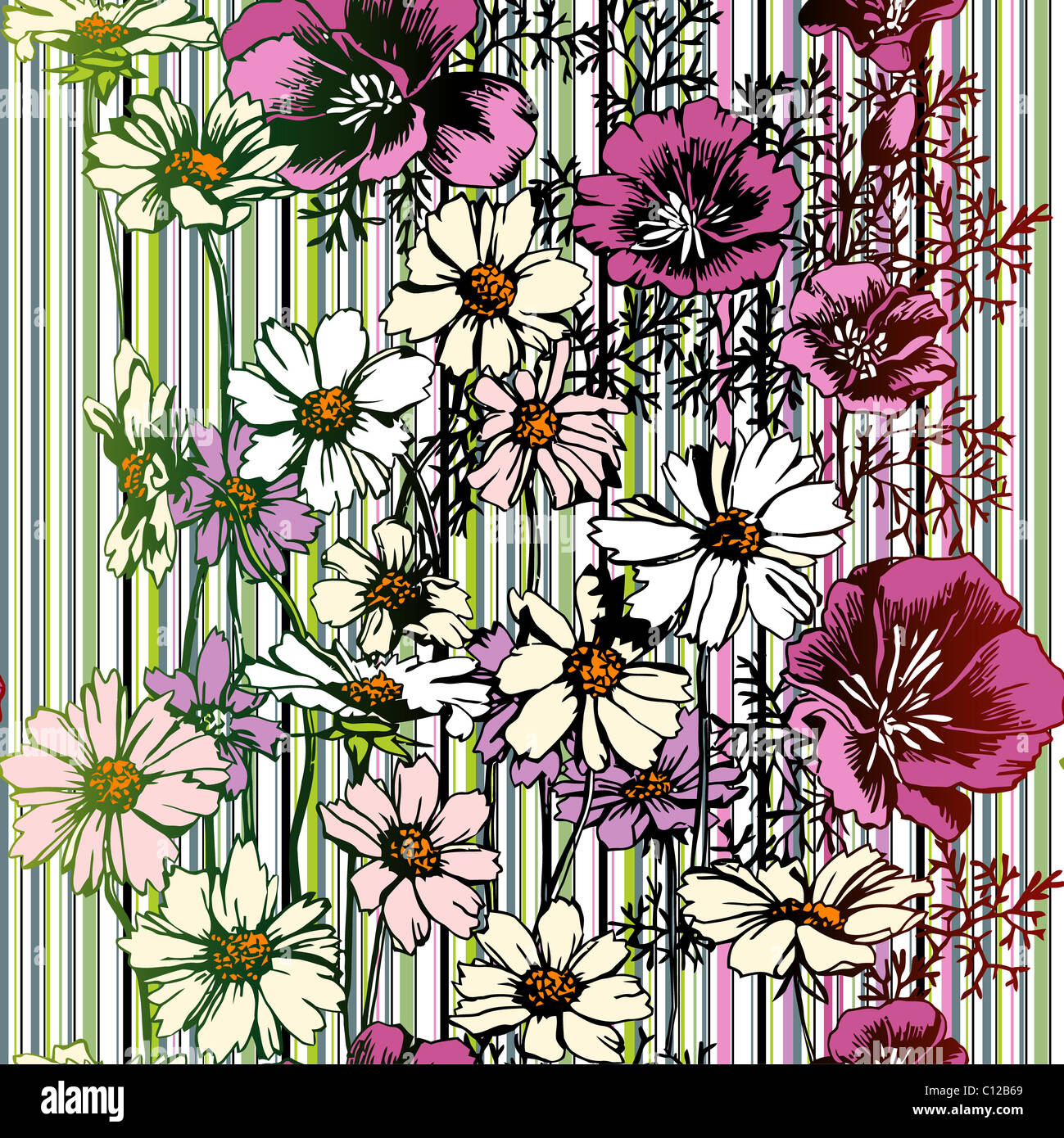 Seamless Flower Pattern on striped background Stock Photo - Alamy