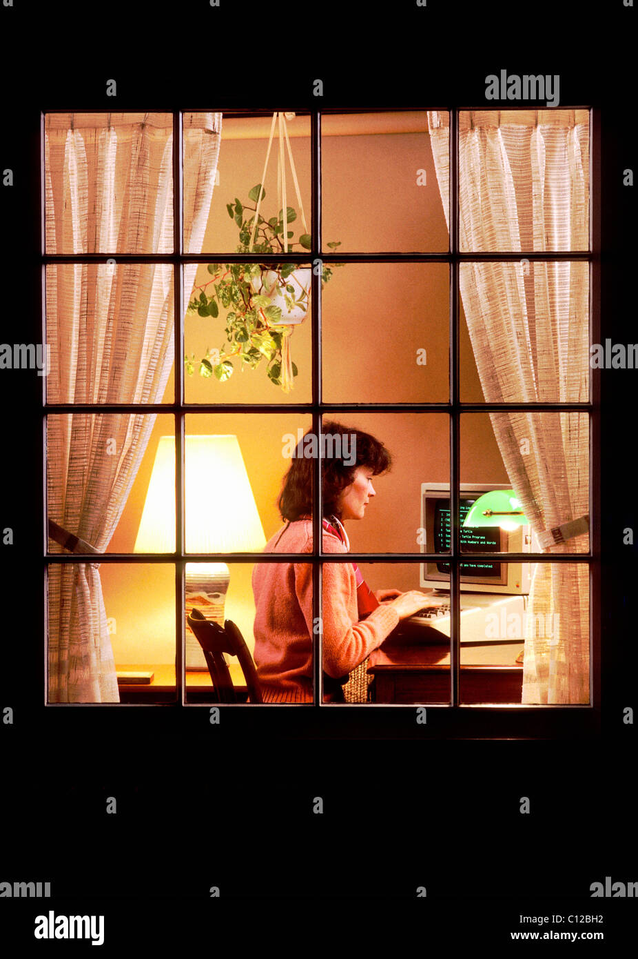Night time view through a window of a woman working on her home ...