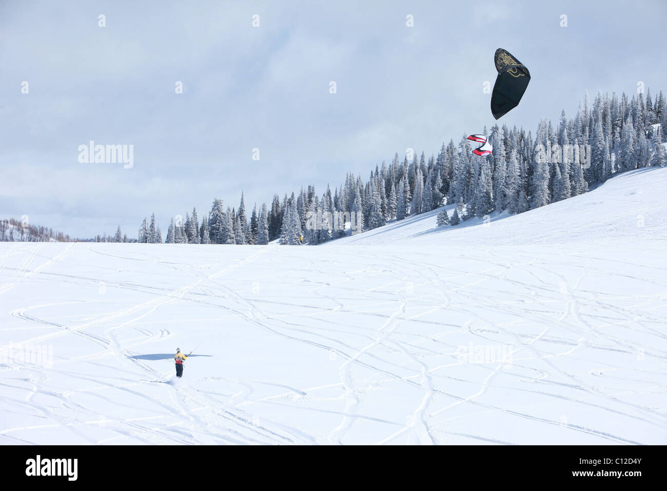 Snowkite riding in the mountains of Utah. Black sail and blue sky above ...