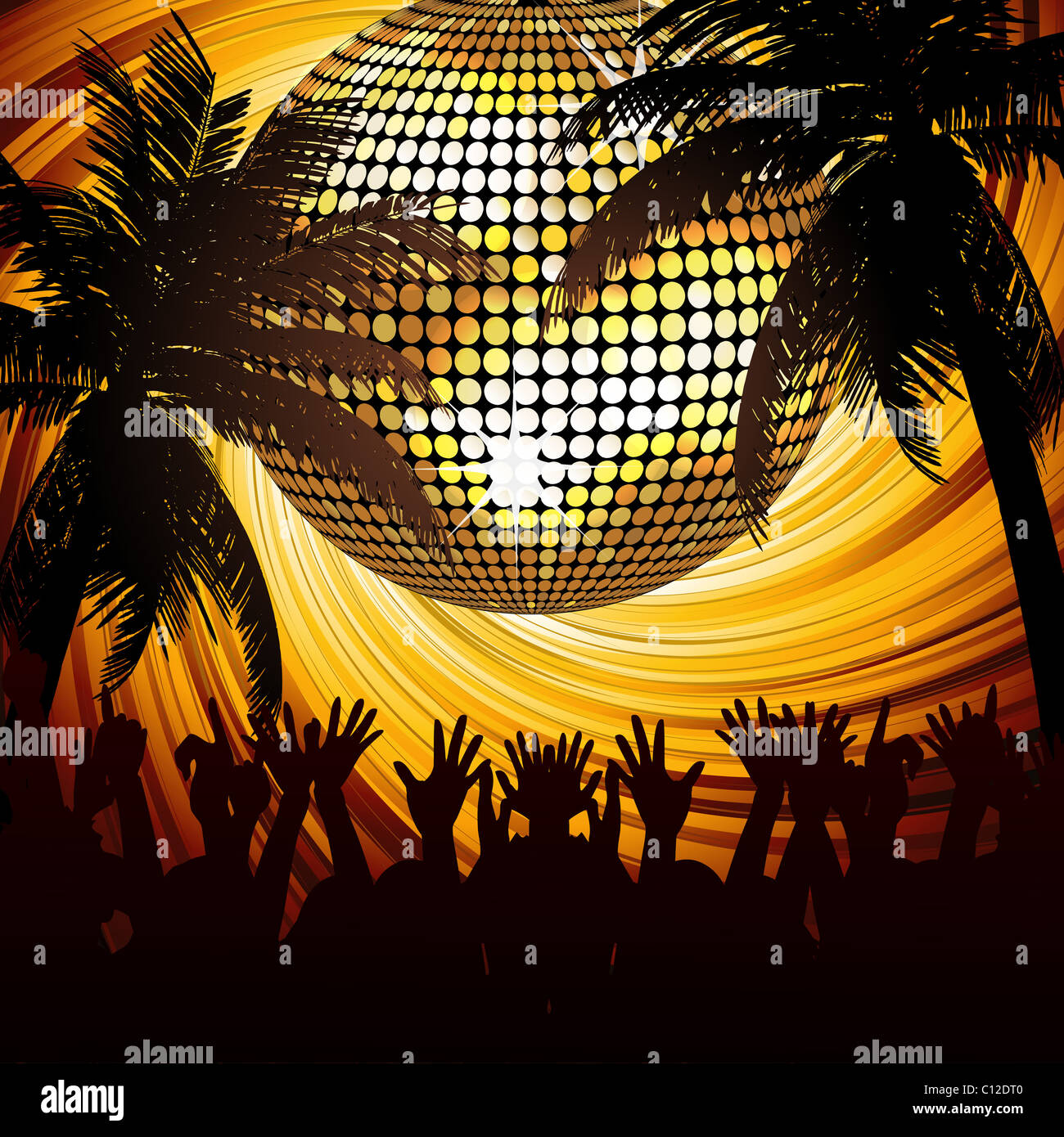 Sunset tropical party scene with sparkling disco ball, palm trees and ...