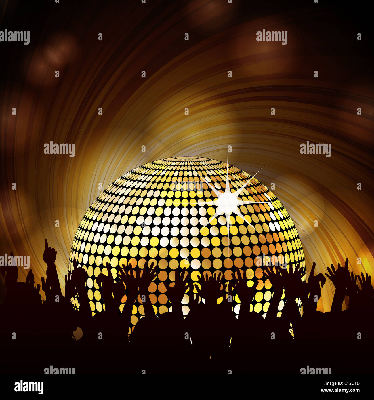 Sparkling gold disco ball with crowd on a swirling background Stock ...
